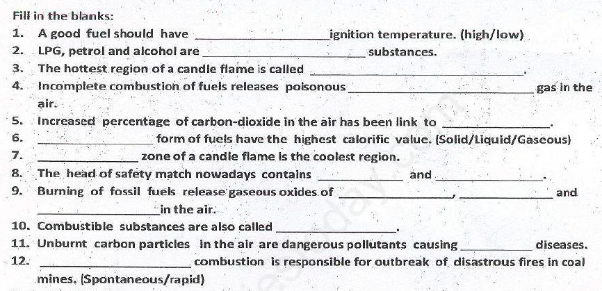 CBSE Class 8 Science Combustion and Flame Assignment